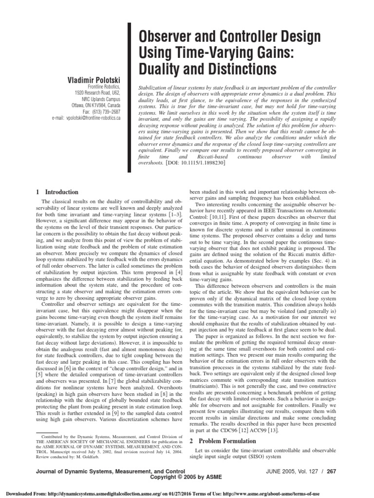 Observer and Controller Design Using Time-Varying Gains: Duality and Distinctions | Download ...