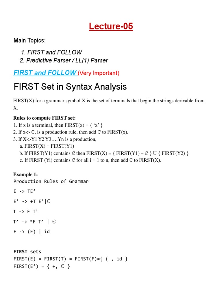 FIRST Set in Syntax Analysis: Lecture-05 | PDF | Parsing | Applied Mathematics
