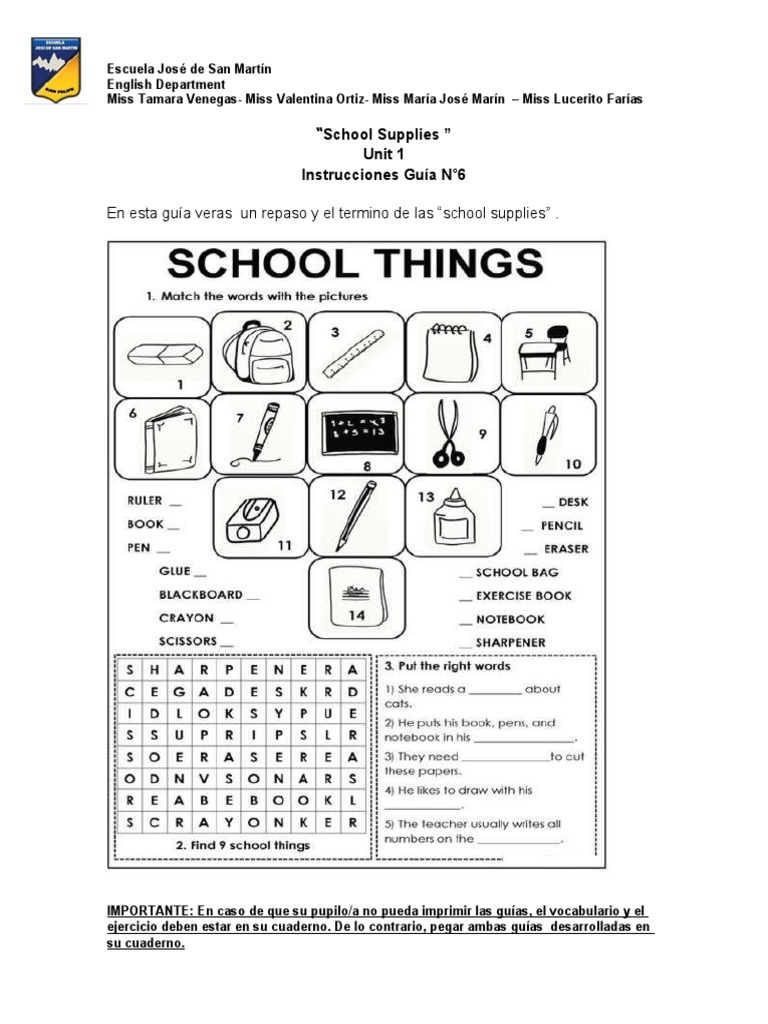 Unit 1 3ro School Supplies Guía | PDF