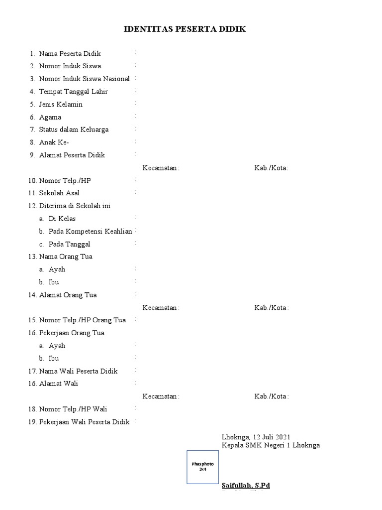 FORM IDENTITAS PESERTA DIDIK Untuk Raport | PDF | Kesehatan Holistik