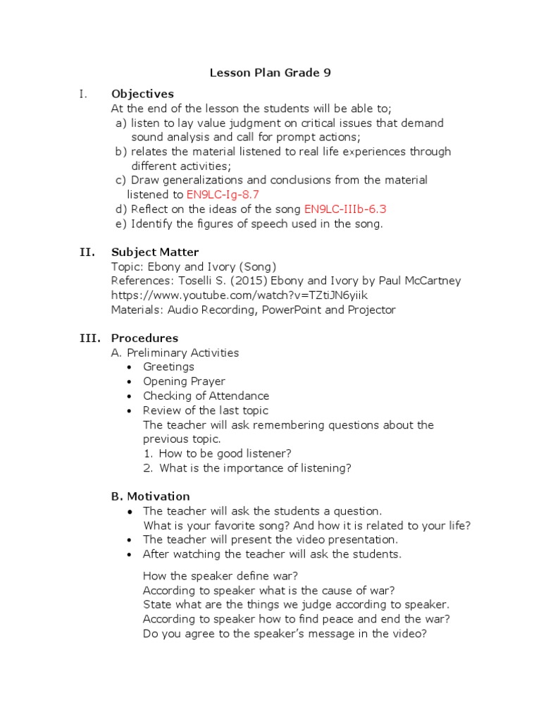 Lesson Plan in Grade in 9 Listening | PDF | Teachers | Lesson Plan