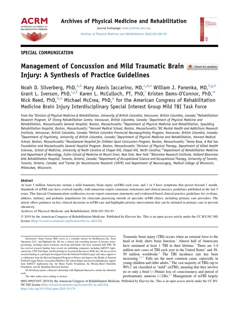 Management of Concussion and Mild Traumatic Brain Injury: A Synthesis ...