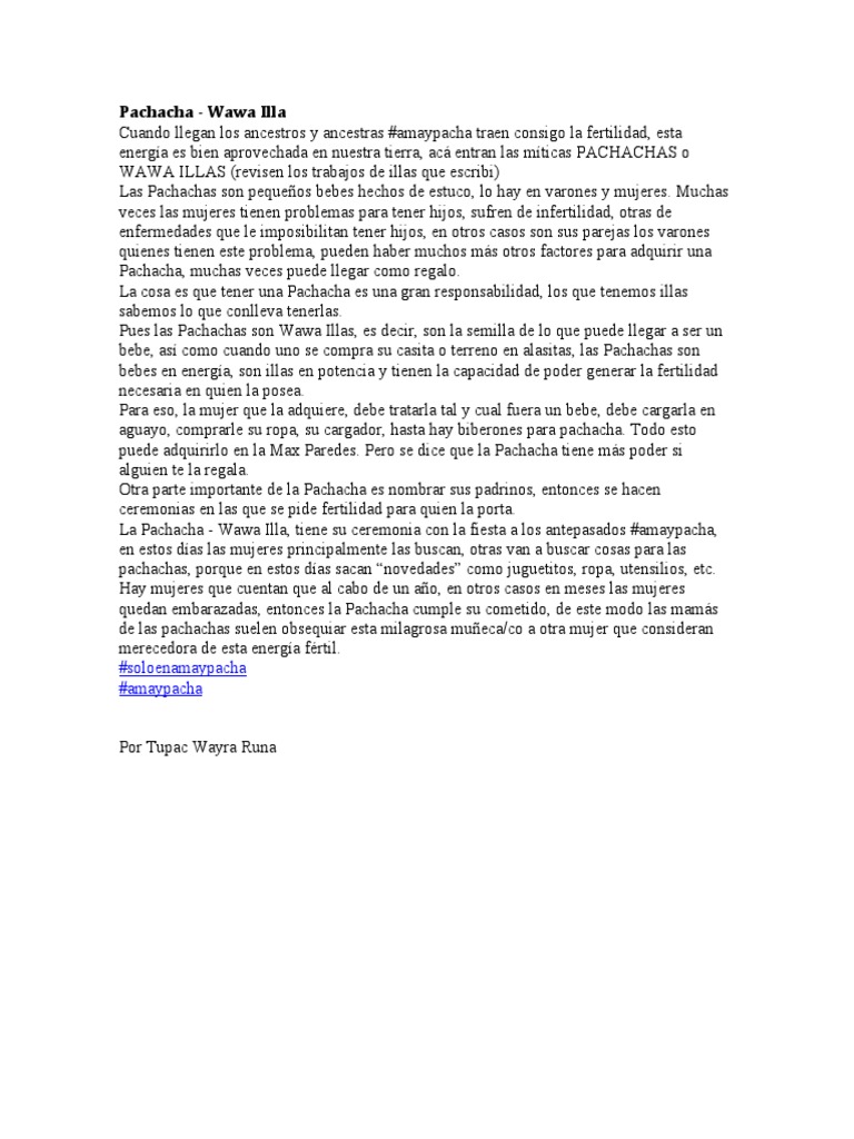 La Pachacha - Wawa Illa: Un regalo ancestral que trae fertilidad | PDF