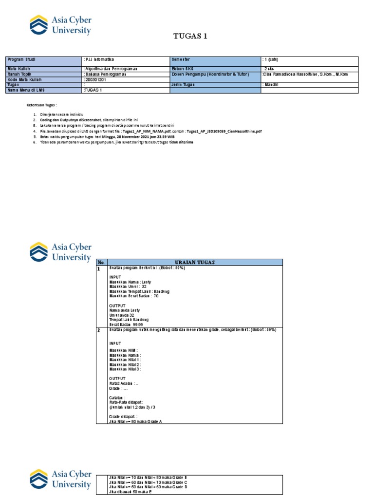 Soal Tugas 1 - Algoritma Pemrograman IT101 | PDF