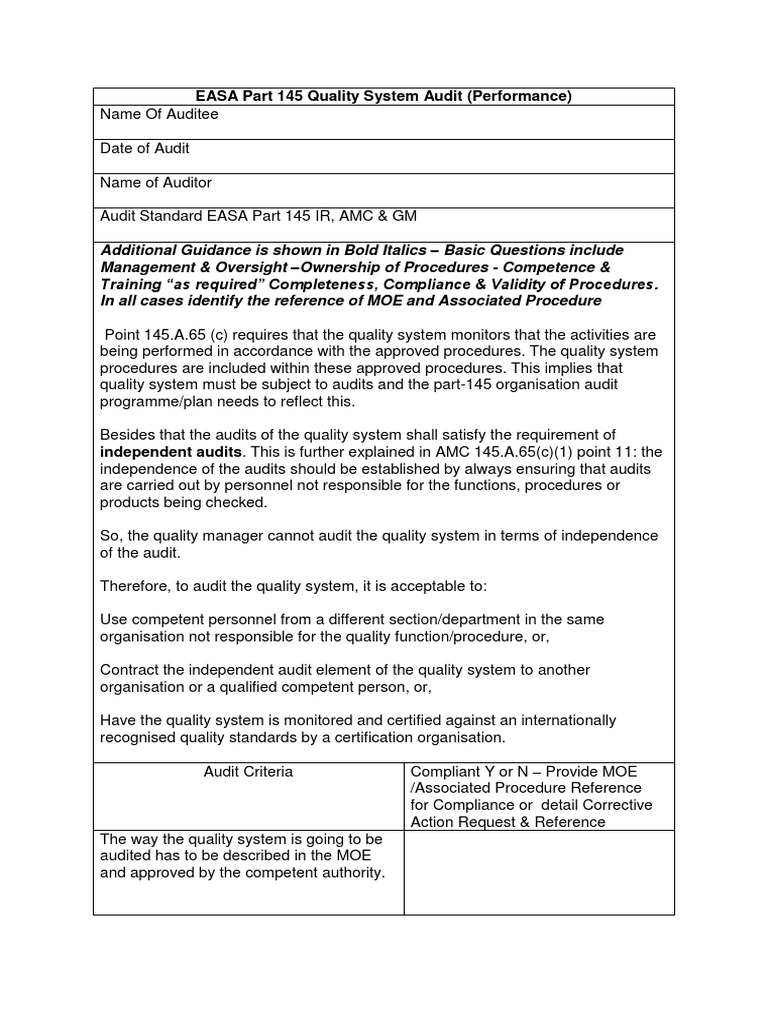 EASA Part 145 Quality System Performance - R0 | PDF | Audit | Quality ...