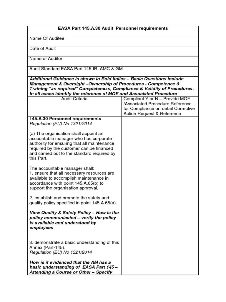 EASA Part 145 Personnel Audit EASA.145.A.30 - R0 | PDF | Nondestructive ...