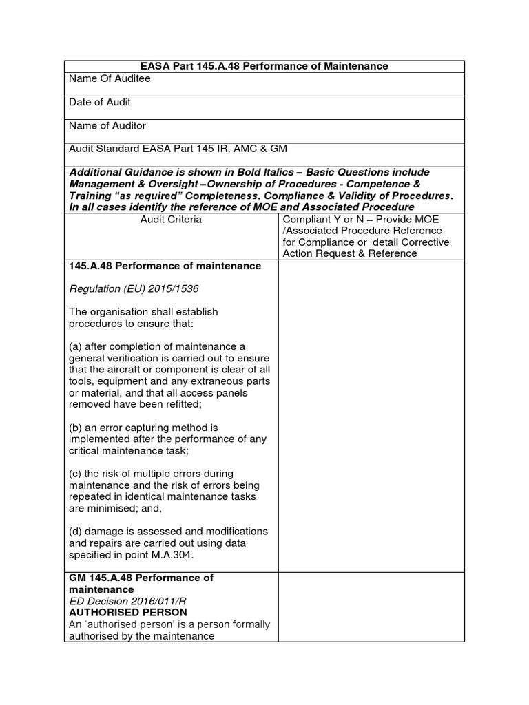 EASA Part 145 Performance of Maintenance EASA.145.A.48 - R0 | PDF | Audit