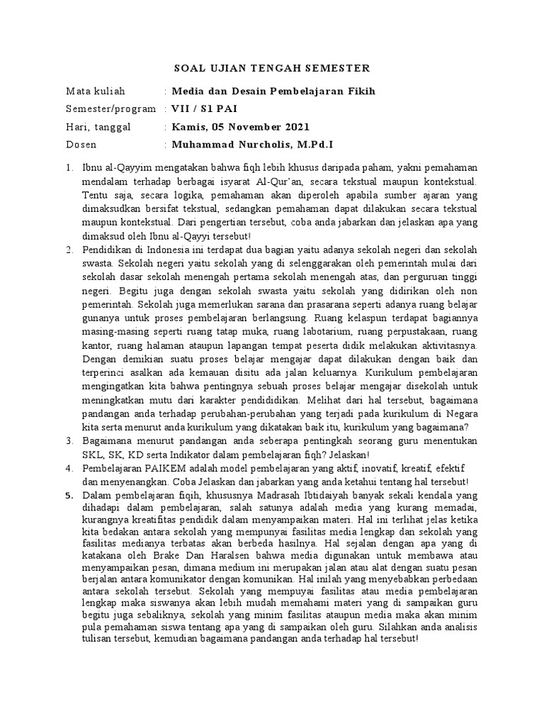 Soal Uts Media Dan Desain Pembelajaran Fikih | PDF | Karier & Perkembangan