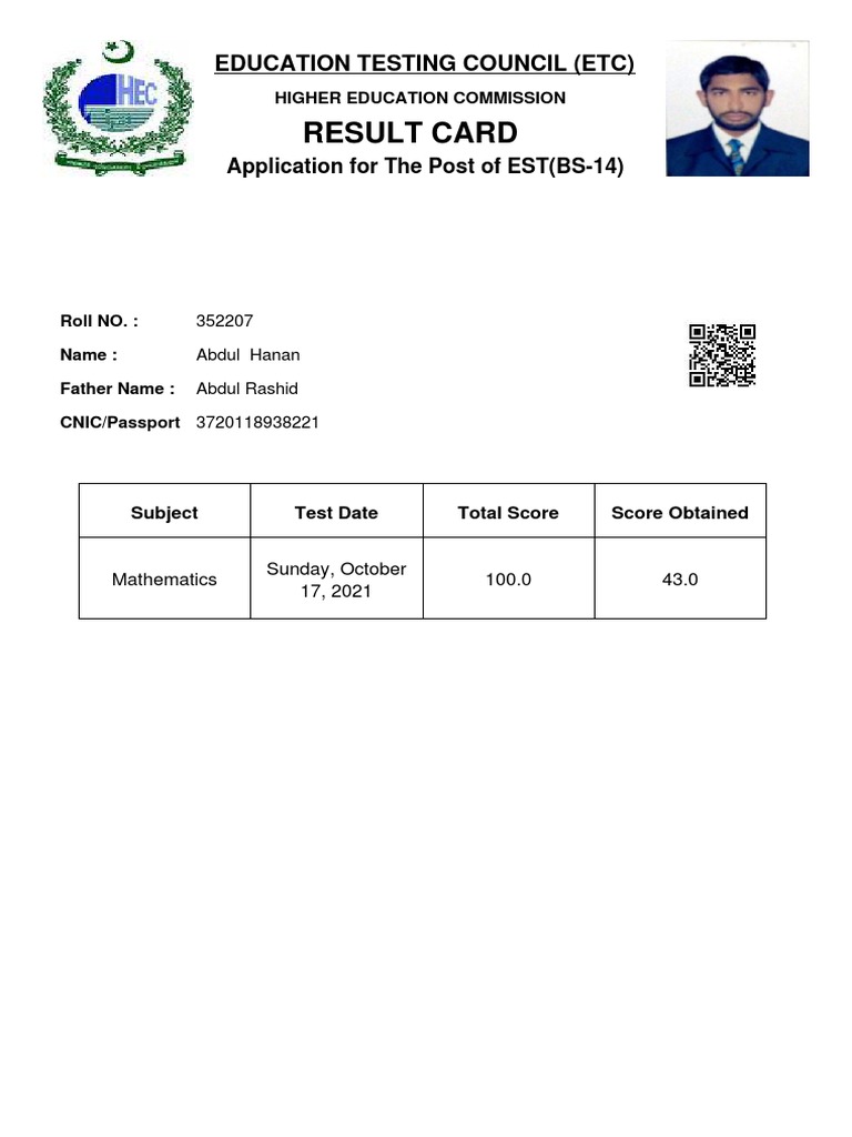 Result Card: Education Testing Council (Etc) | PDF