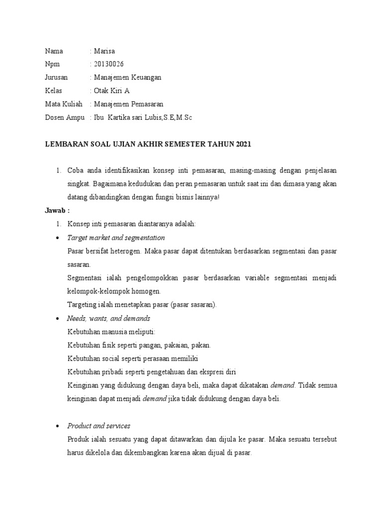 Jawaban Uas Manajemen Pemasaran Marisa | PDF | Karier & Perkembangan | Bisnis