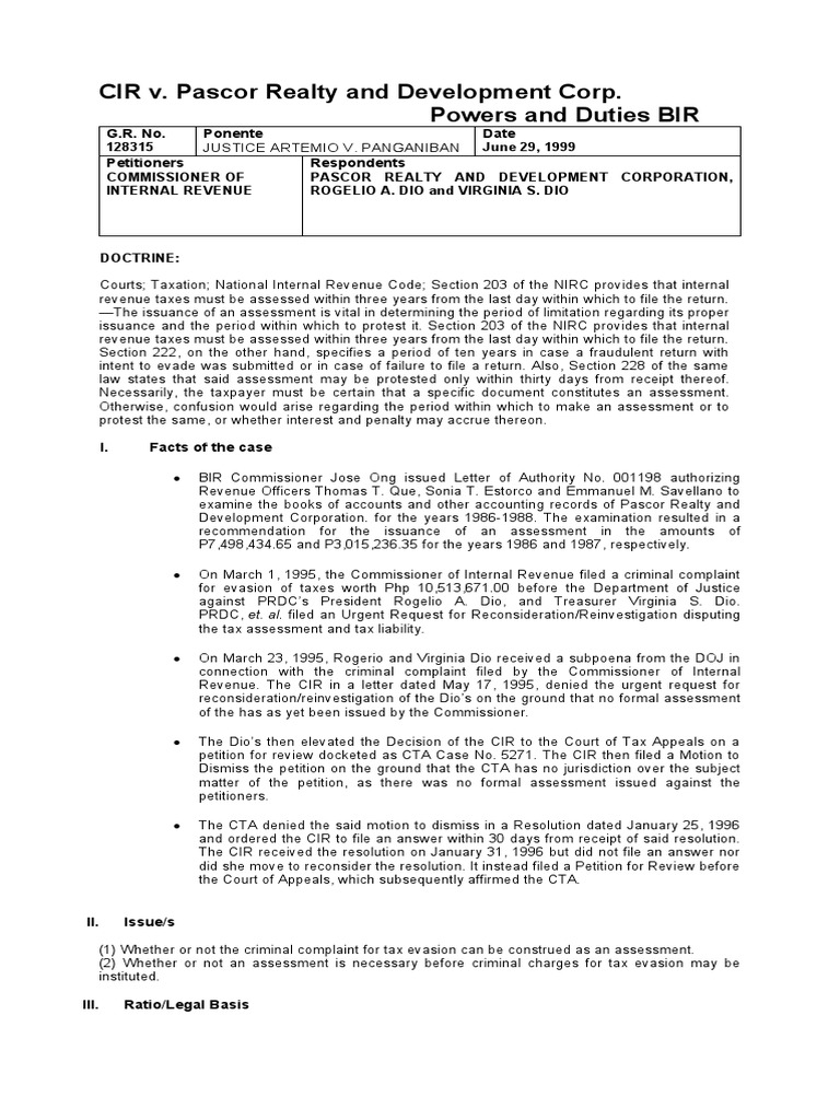 CIR vs. Pascor Realty and Development Corporation, G.R. No. 128315 (1999!06!29) | PDF ...