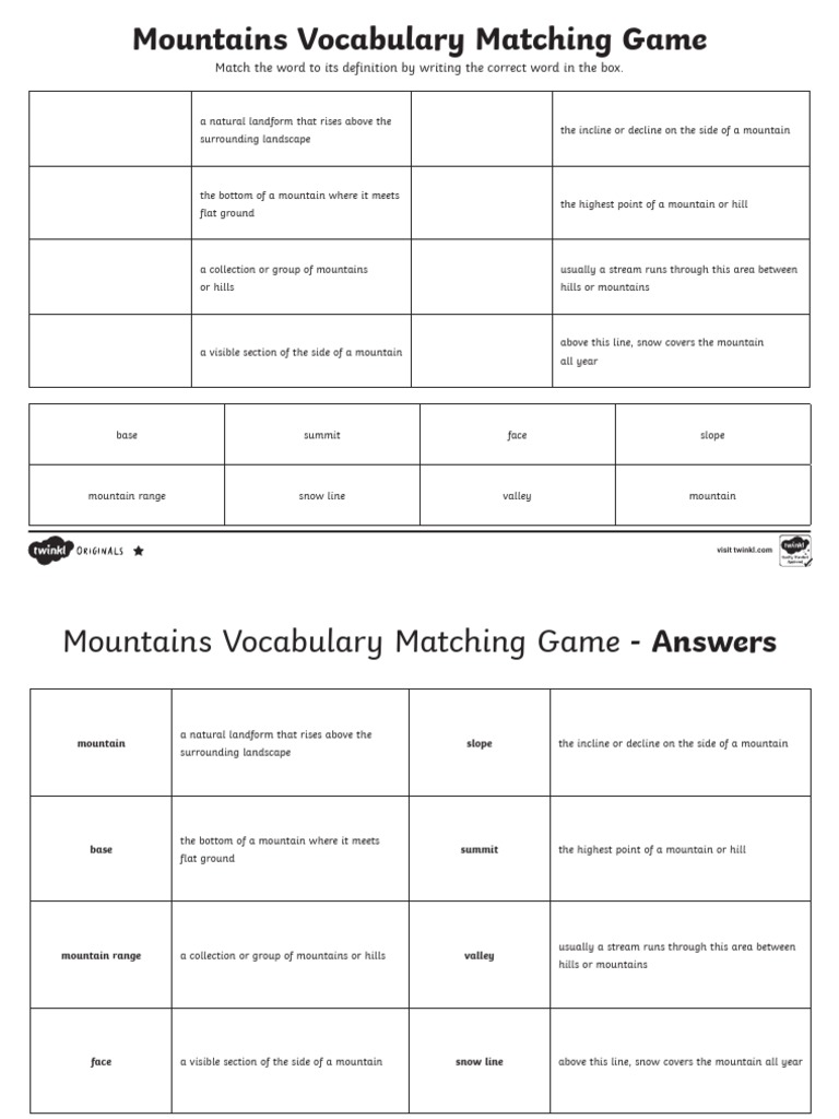Literacy Mountains Vocabulary Matching Game | PDF | Mountains | Valley