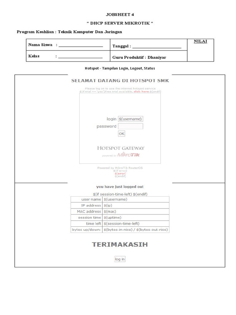 JOBSHEET MIKROTIK 6.1 Hotspot - Tampilan Login, Logout, Status | PDF
