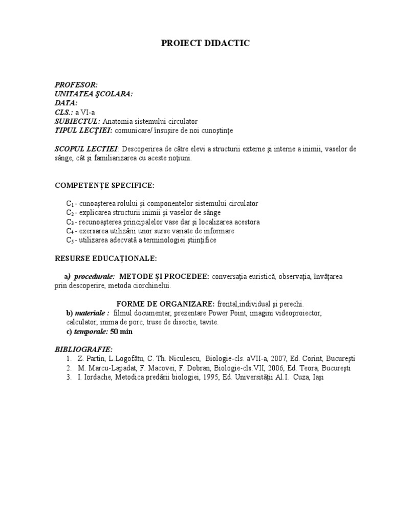 Proiect Didactic Sistemul Circulator | PDF