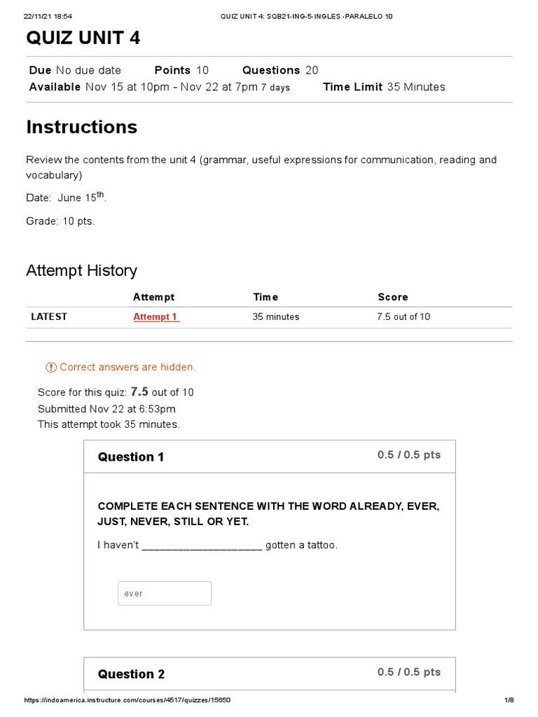 Quiz Unit 4 - Sqb21-Ing-5-Ingles - Paralelo 10 | PDF | Language ...