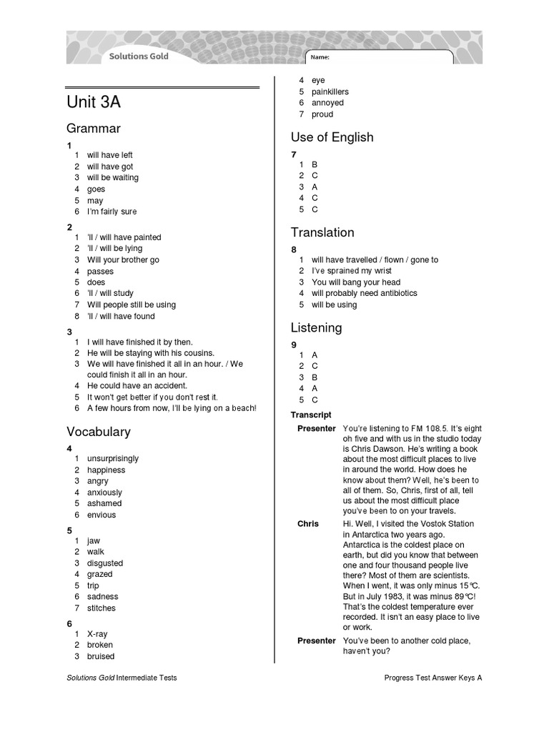 Sol Gold Int Progress Test Unit 3A Answer Key | PDF