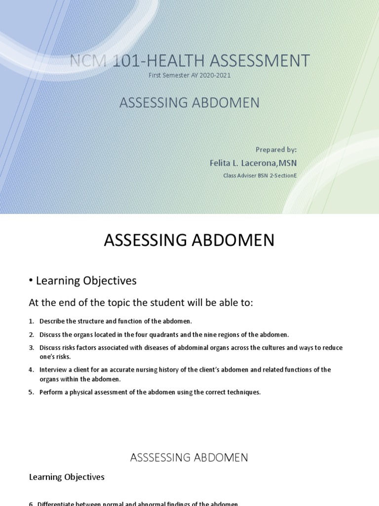 NCM 101 Health Assessment Abdomen | PDF | Abdomen | Anatomy