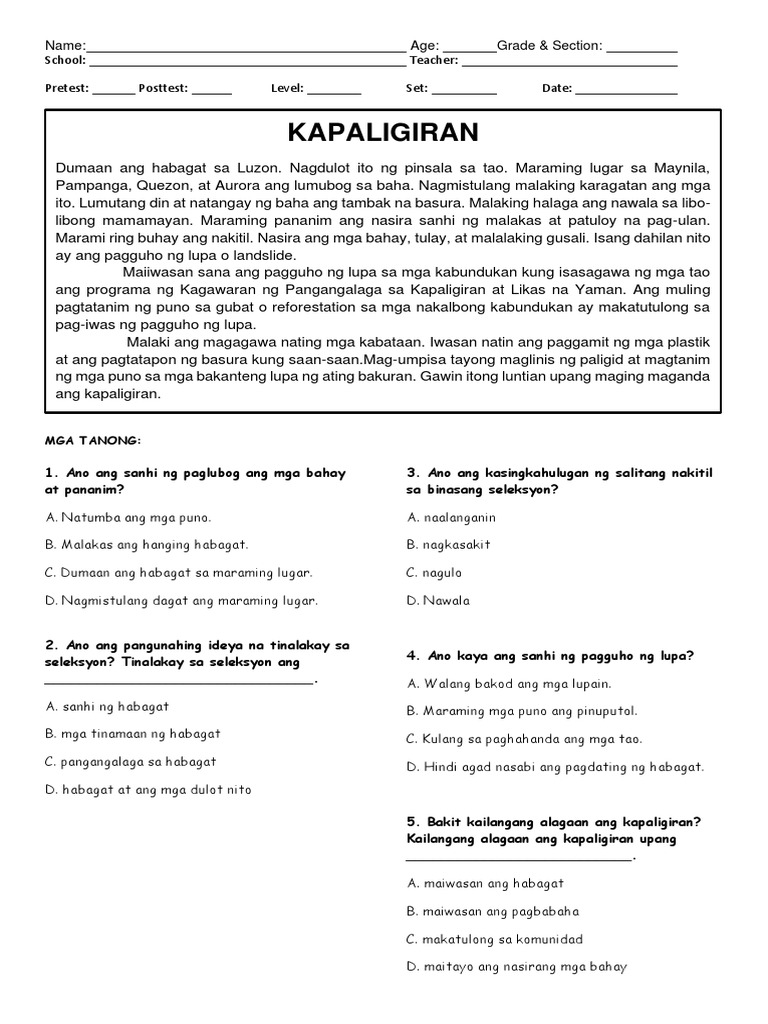 Pretest Phil Iri Filipino Pdf