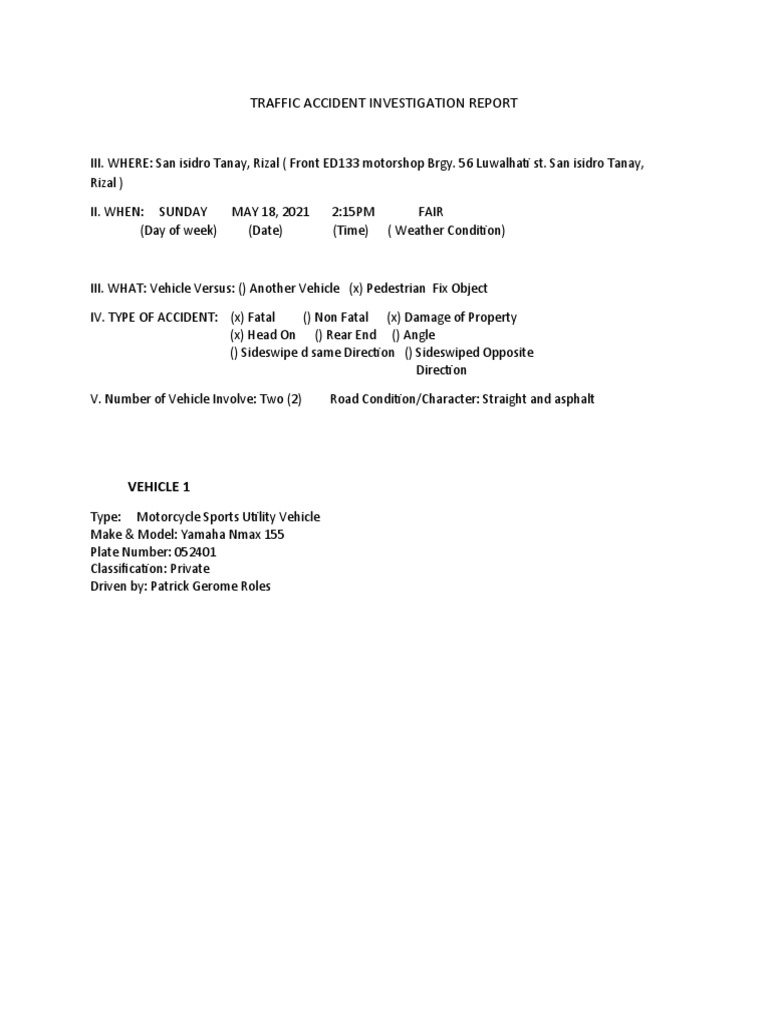 Traffic Accident Investigation Report | PDF | Vehicles | Transport