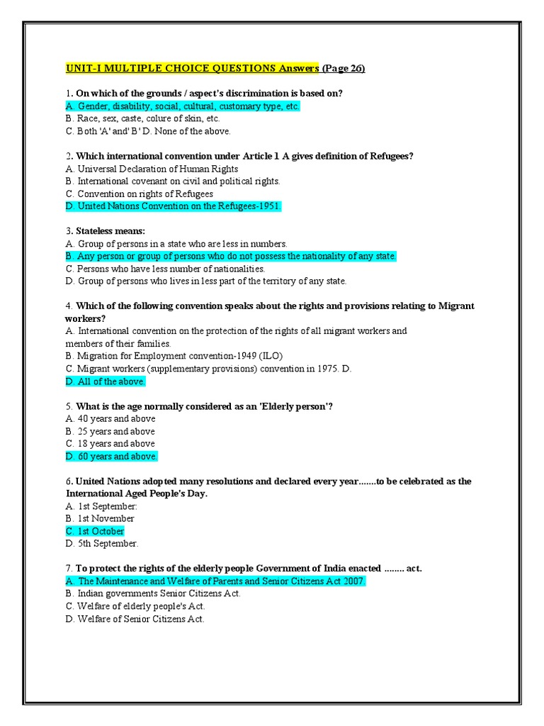 Human Rights MCQ Answers | PDF | United Nations | International Relations