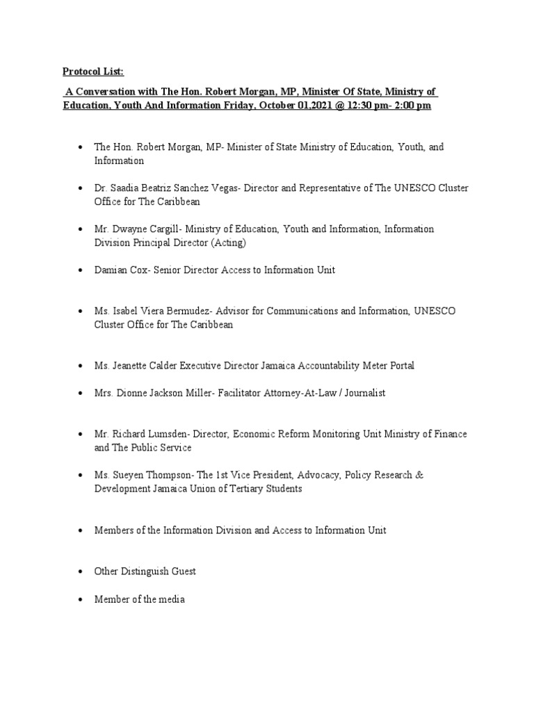 Protocol List - A Conversation With The Hon. Robert Morgan, MP ...