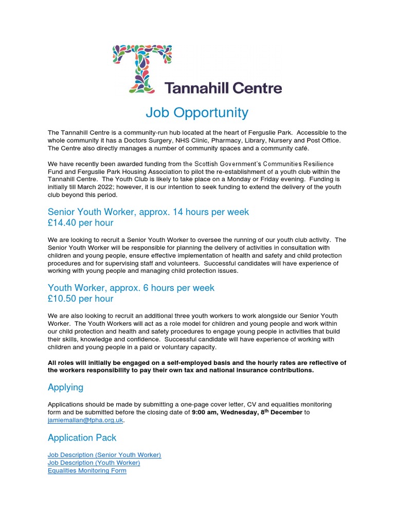 Youth Worker Positions at Tannahill Centre | PDF | Business