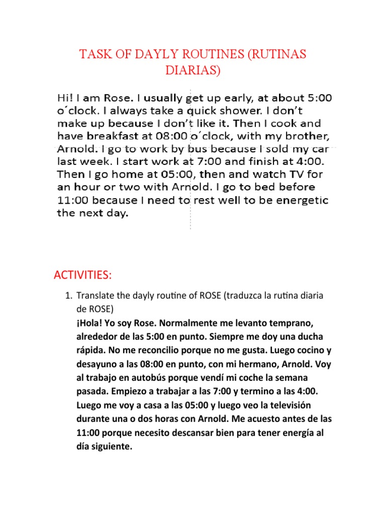Rutinas Ingles Task of Dayly Routines | PDF