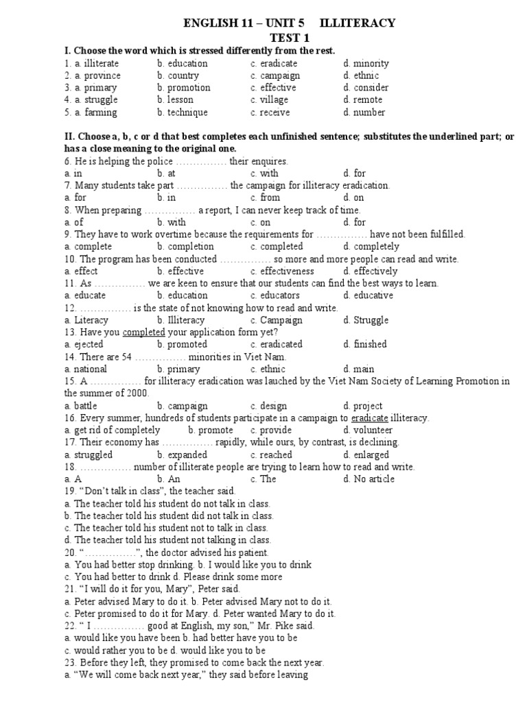 English 11 Unit5 Illiteracy Test 1 | PDF | Literacy