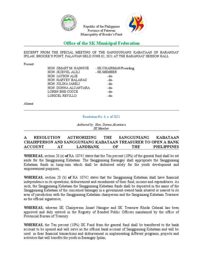 SK Authorization To Open Account - Draft Resolution | PDF | Government ...