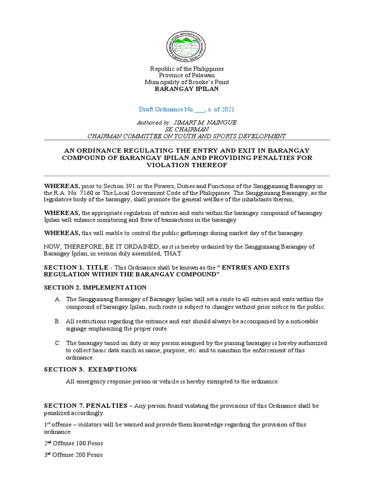 Draft Ordinance For ENTRANCE AND EXIT | PDF | Local Ordinance | Repeal