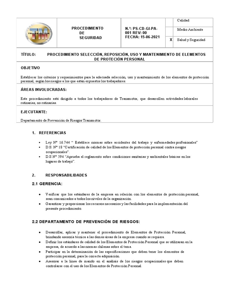 Procedimiento Selección Uso Mantenimiento y Reposición de EPP Transmotor | PDF