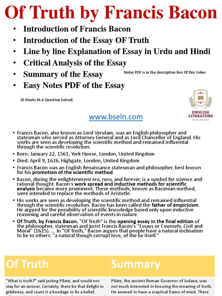 Summary of Bacon's "Of Truth" Essay | PDF | Francis Bacon | Truth