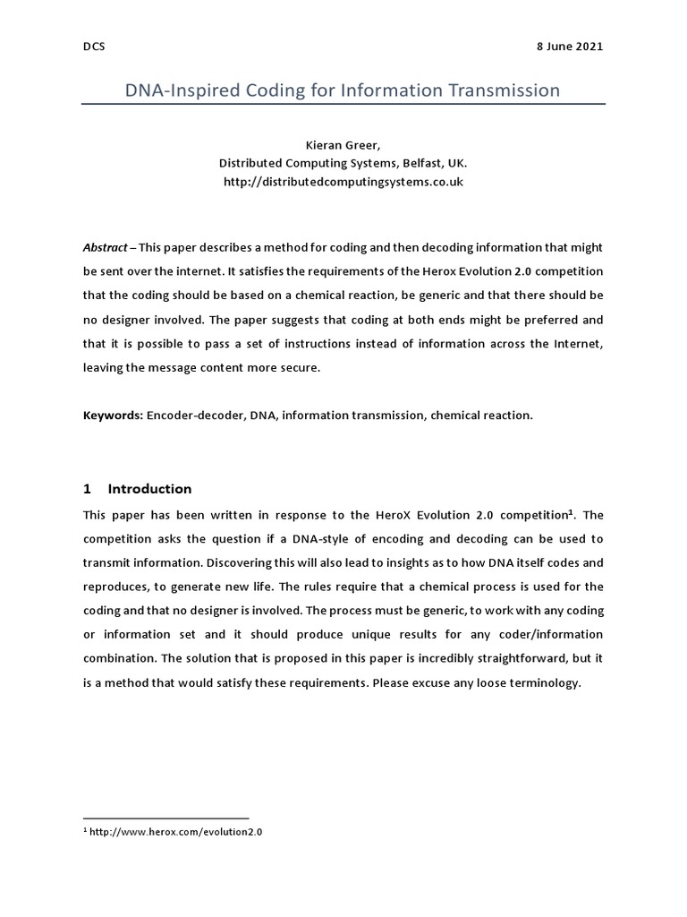 DNA-Inspired Coding For Information Transmission | PDF | Genetics | Dna