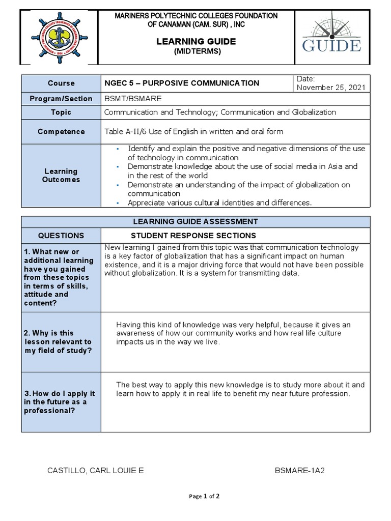 Learning Guide Ngec 5 Mid | PDF | Communication | Learning