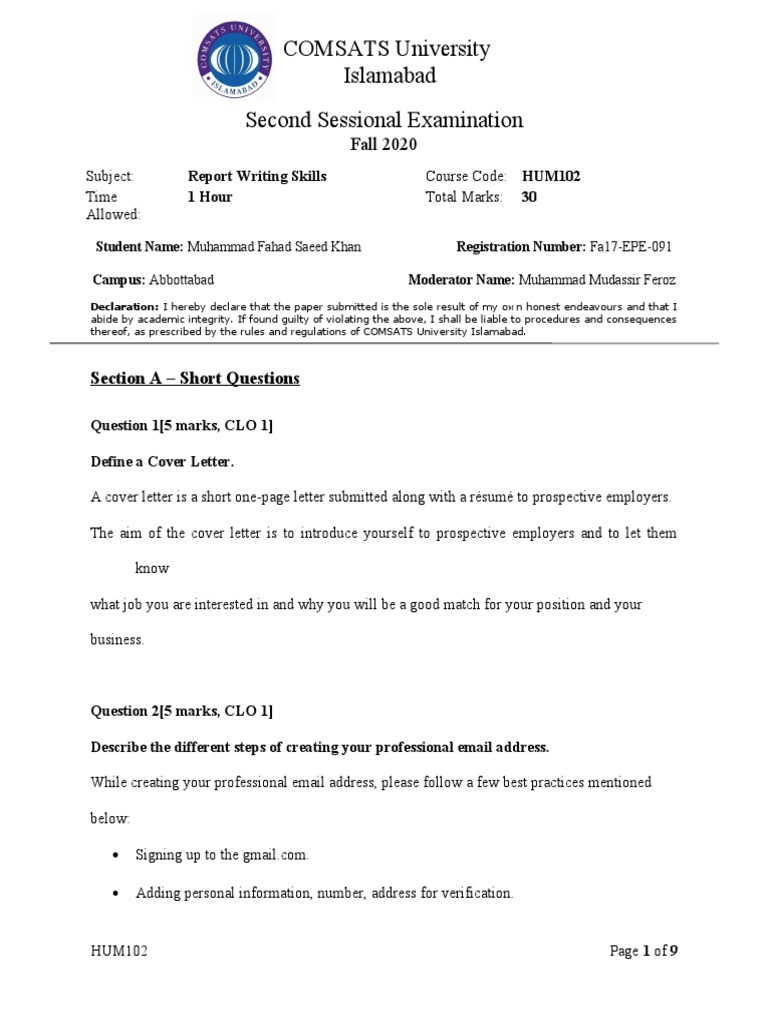 COMSATS University Islamabad Second Sessional Examination: Section A - Short Questions | PDF