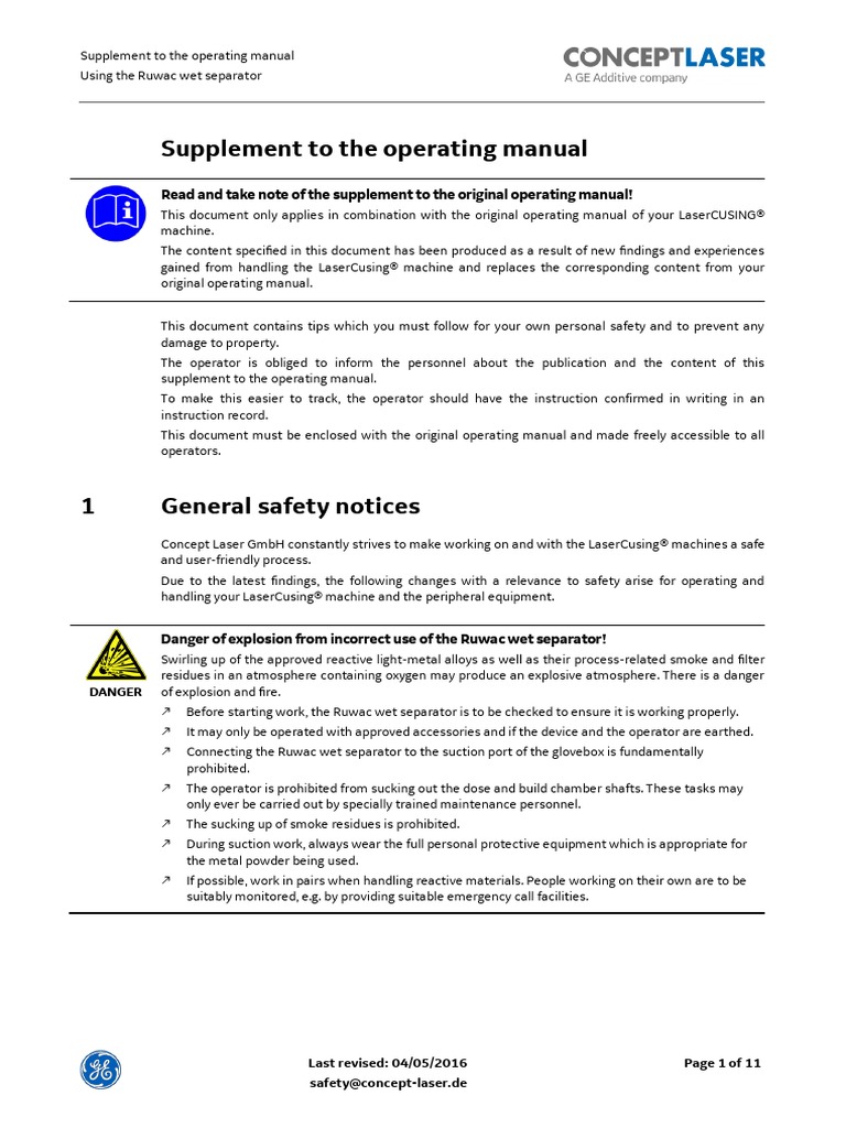 Read and Take Note of The Supplement To The Original Operating Manual ...