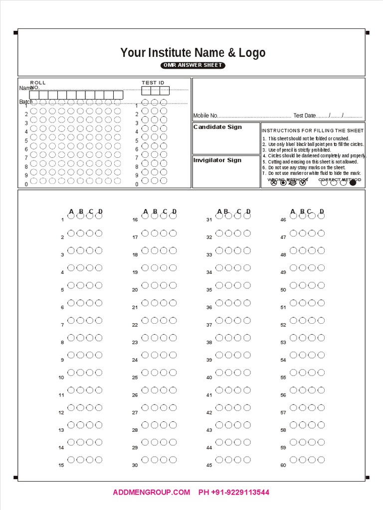 60 Questions OMR Sheet | Download Free PDF | Optical Character ...