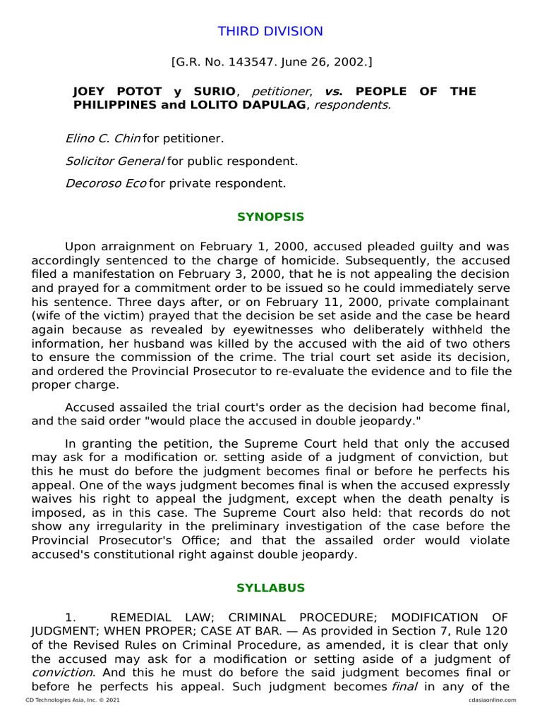 Potot y Surio v. People | PDF | Prosecutor | Plea