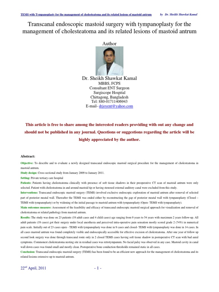 Transcanal Endoscopic Mastoid Surgery With Tympanoplasty For The ...