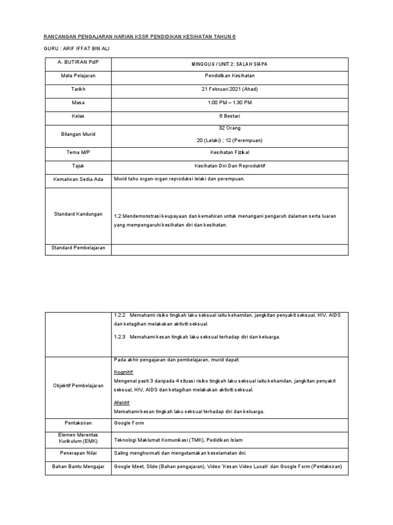 RPH PK Tahun 6 Minggu 2 | PDF