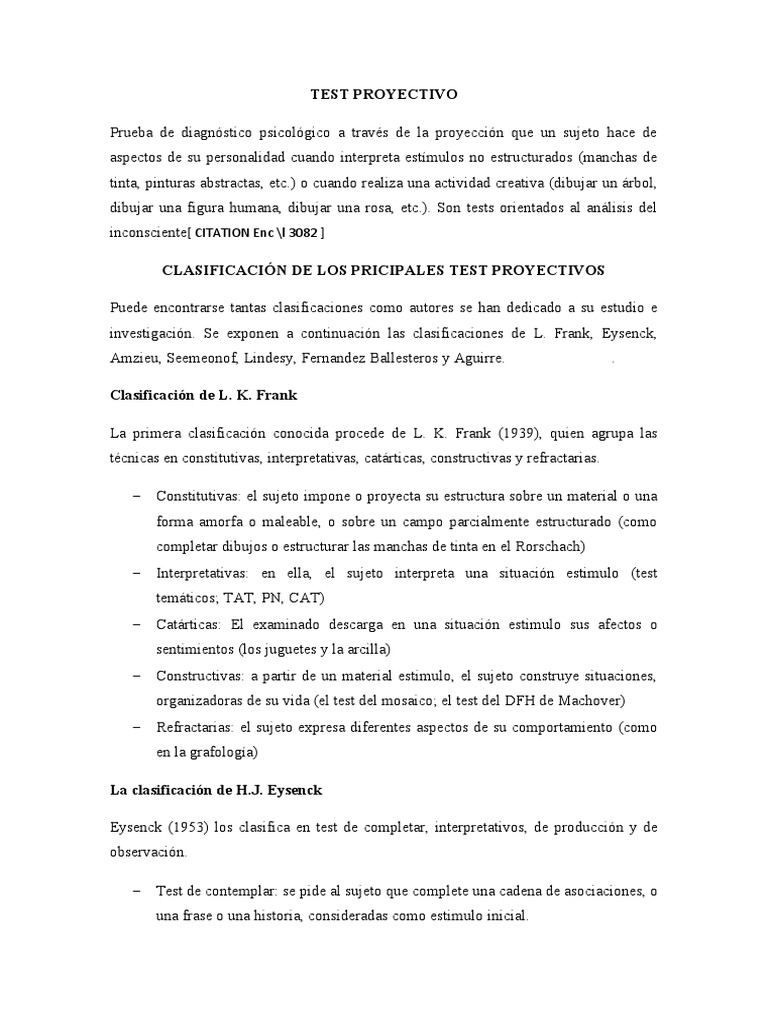 Clasificación de Los Pricipales Test Proyectivos | PDF | Sicología ...