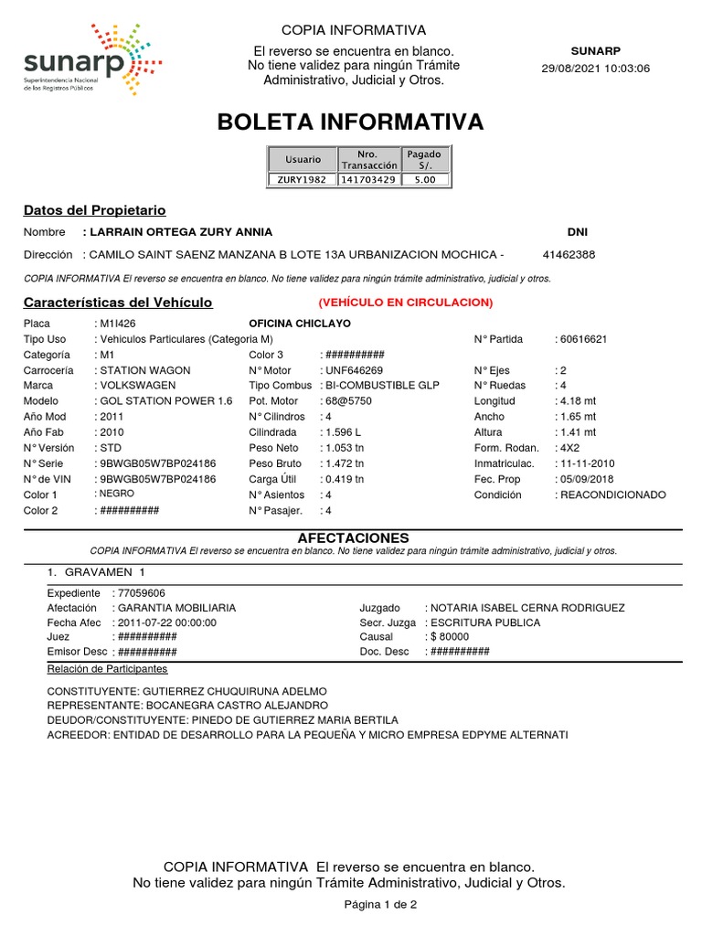 Boleta Informativa VW Bartolo Zury | PDF | Vehículo de motor | Coche