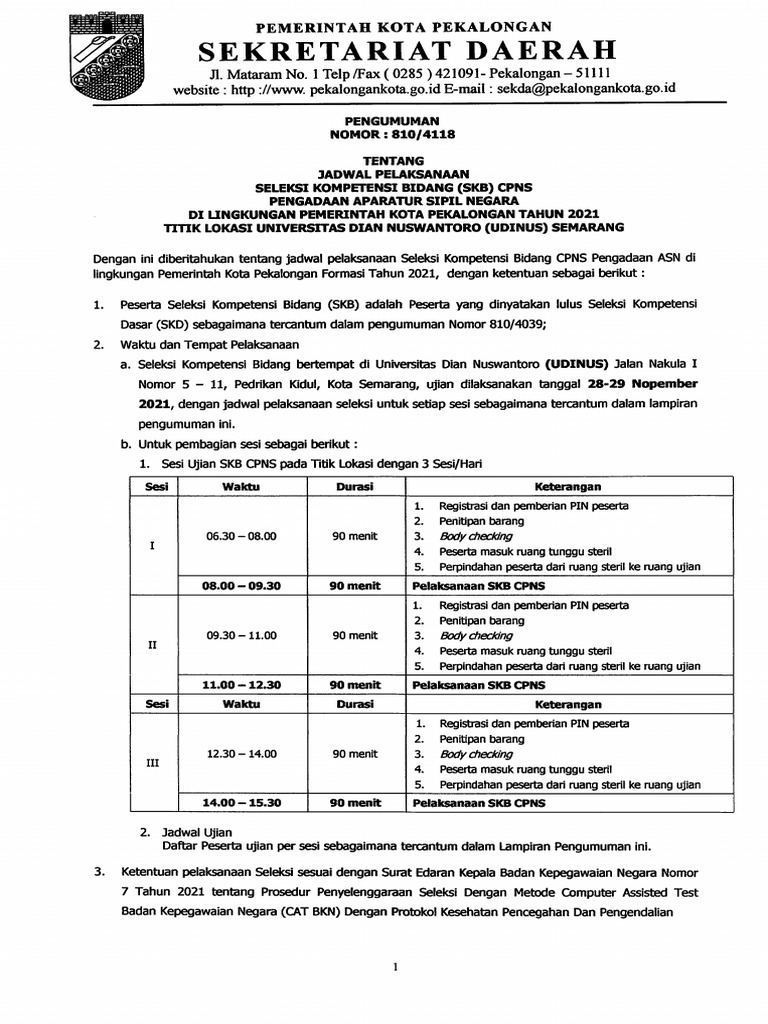 Jadwal SKB CPNS 2021 Kota Pekalongan | PDF