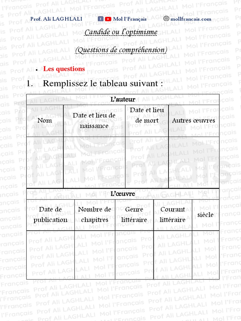 Compréhension Candide Prof Ali LAGHLALI | PDF | Candide
