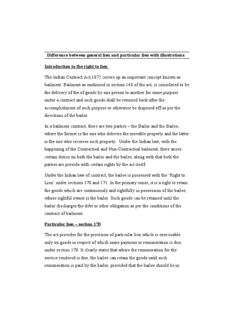 Difference Between General Lien and Particular Lien With Illustrations ...