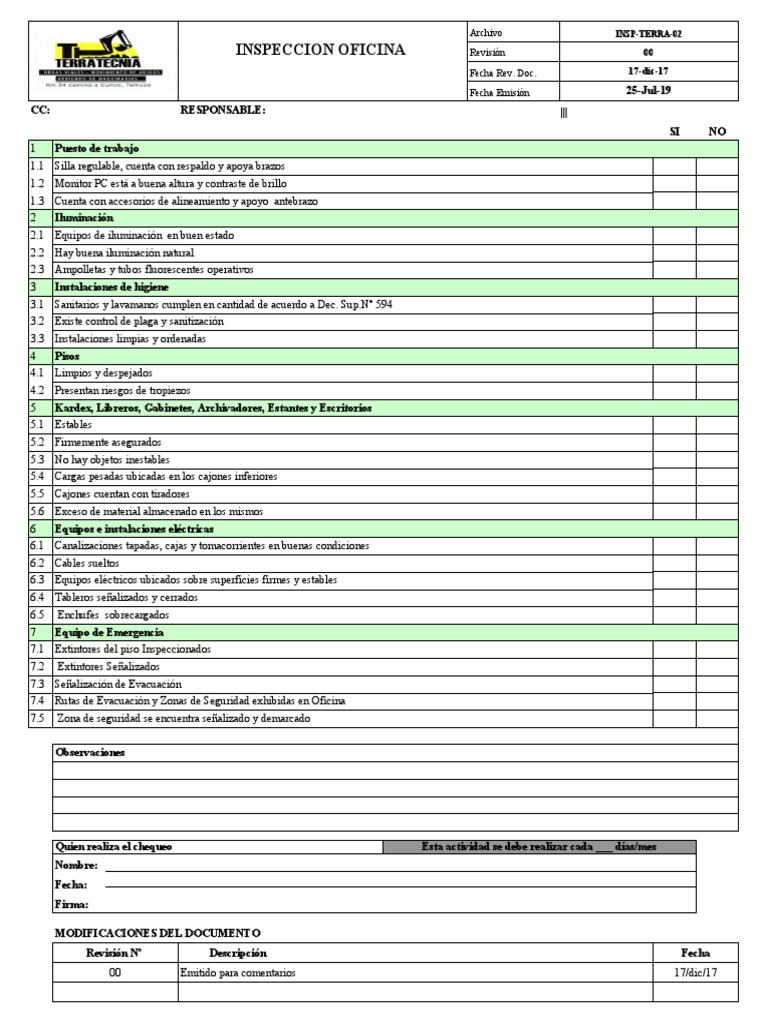Hoja de Inspección de Oficinas (FORM-ASB-SSOMA-IO-001) | PDF