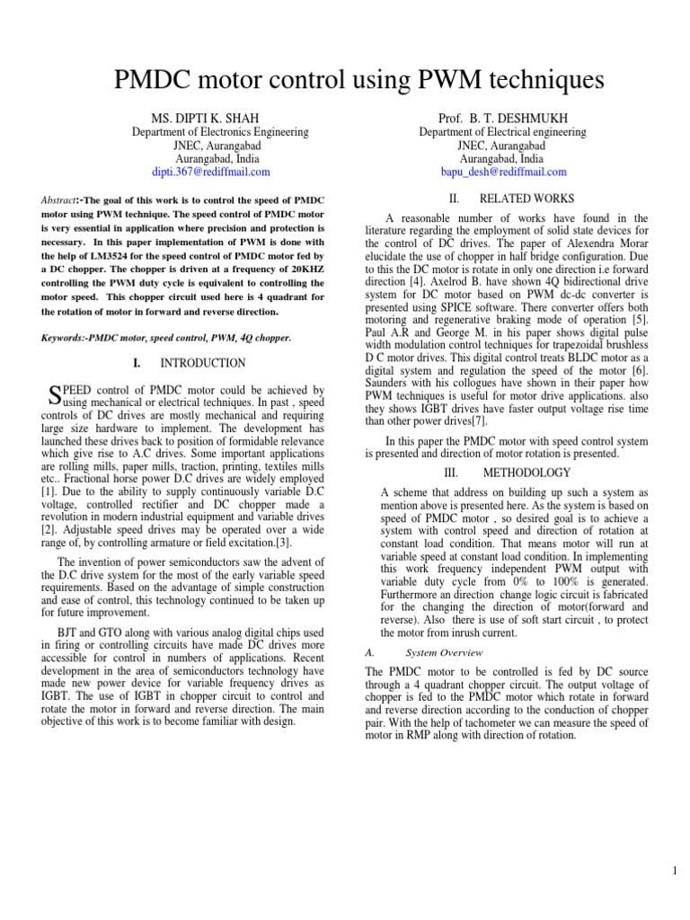 PMDC Motor Control Using PWM Techniques: Ms. Dipti K. Shah Prof. B. T. Deshmukh | PDF | Electric ...