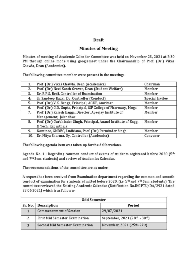 Draft of Minutes of Meeting | PDF | Academic Term | Academia