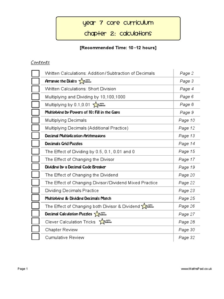 Year 7 Core Curriculum Chapter 2: Calculations: Challenge Extra | PDF | Division (Mathematics ...
