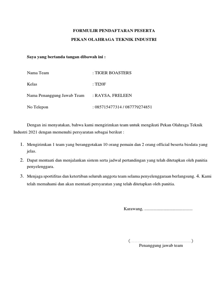 Formulir Futsal Pendaftaran Peserta Pekan Olahraga Teknik Industri | PDF
